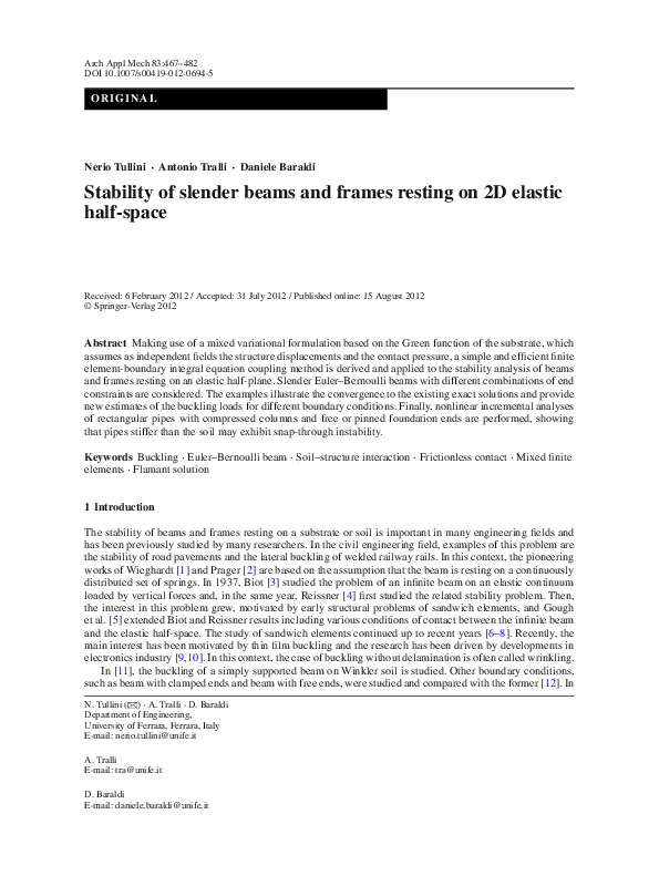 (PDF) Stability of slender beams and frames resting on 2D elastic half ...