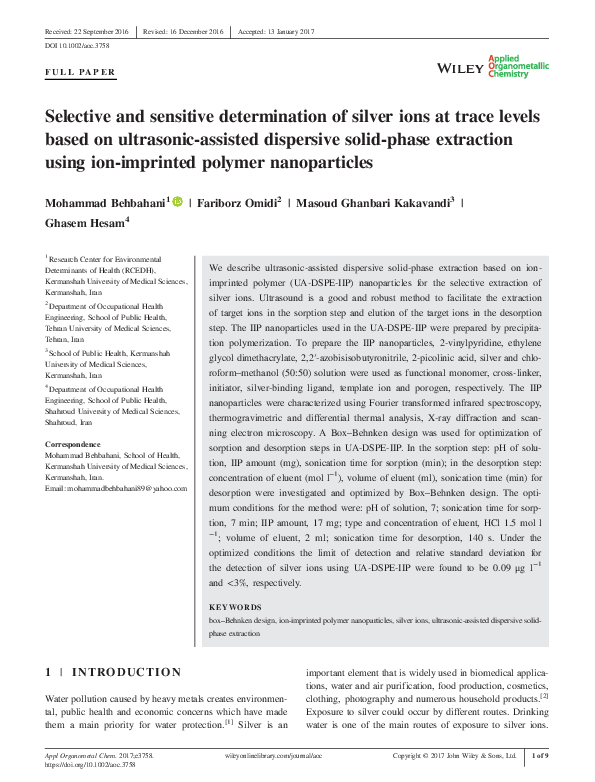 Pdf Selective And Sensitive Determination Of Silver Ions At Trace Levels Based On Ultrasonic
