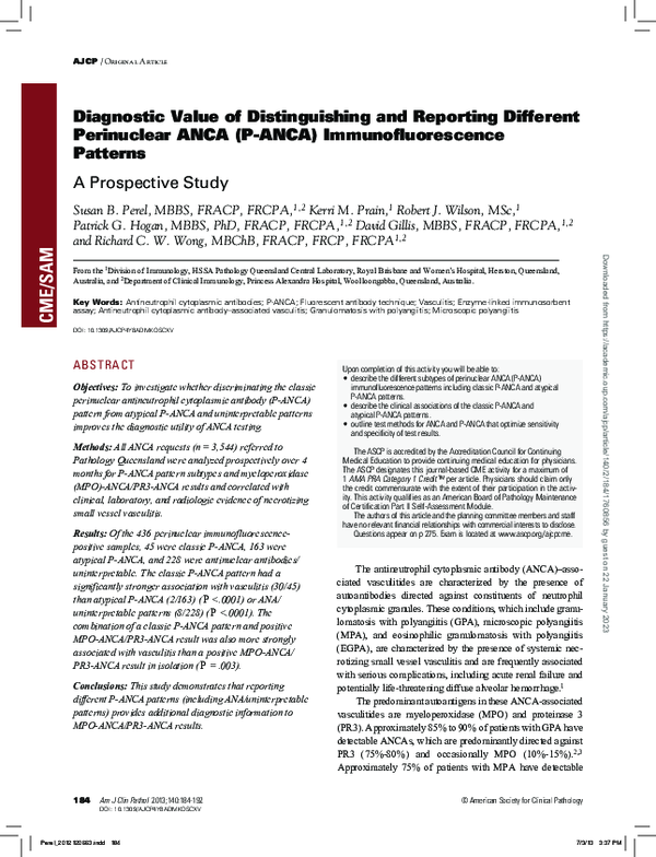 (PDF) Diagnostic Value of Distinguishing and Reporting Different Perinuclear ANCA (P-ANCA ...