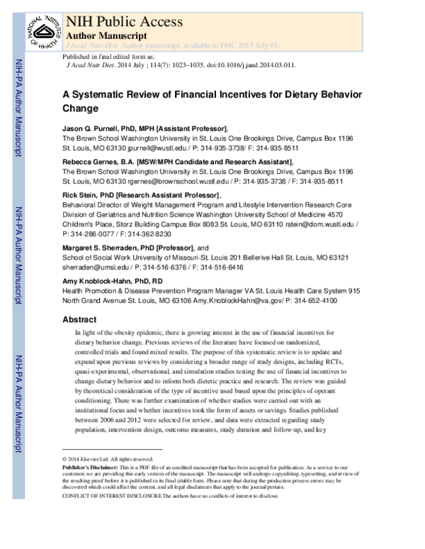 (PDF) A systematic review of financial incentives for dietary behavior ...