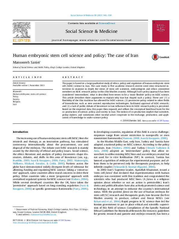 (PDF) Human embryonic stem cell science and policy: The case of Iran