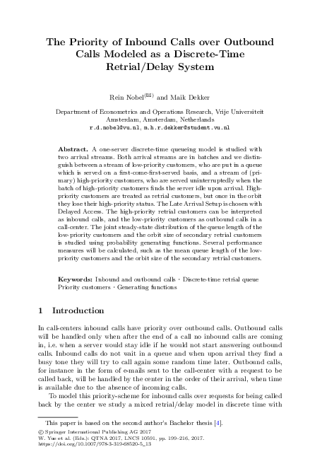 (PDF) The Priority of Inbound Calls over Outbound Calls Modeled as a ...