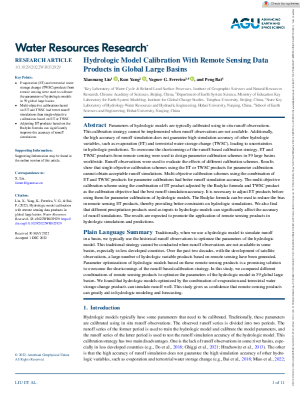 (PDF) Hydrologic Model Calibration With Remote Sensing Data Products in Global Large Basins