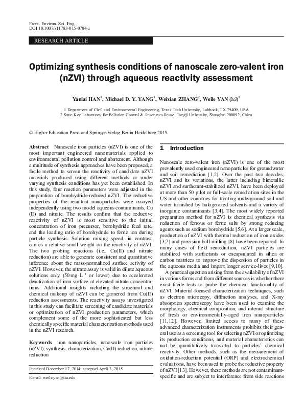 (PDF) Optimizing synthesis conditions of nanoscale zero-valent iron ...