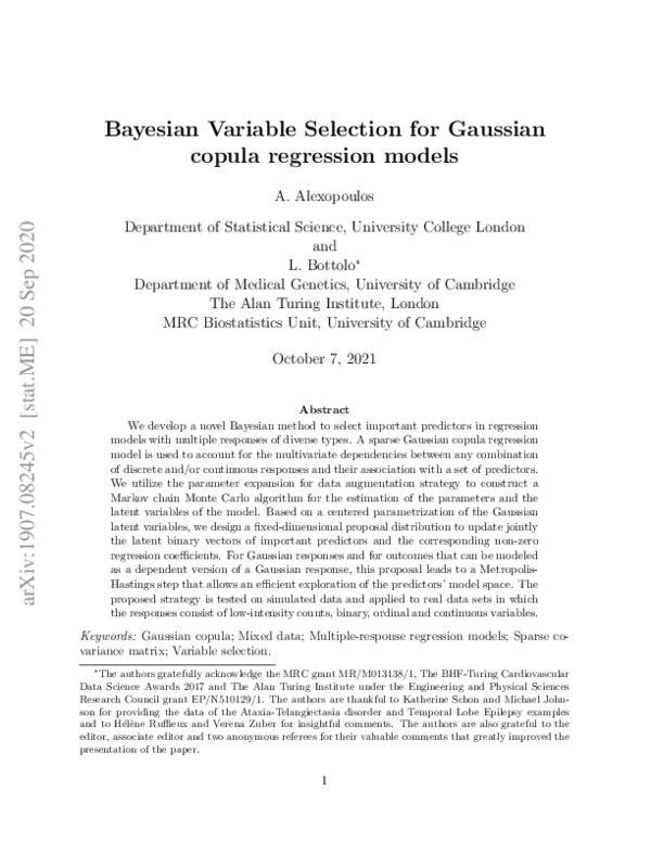 Pdf Bayesian Variable Selection For Gaussian Copula Regression Models Angelos Alexopoulos 