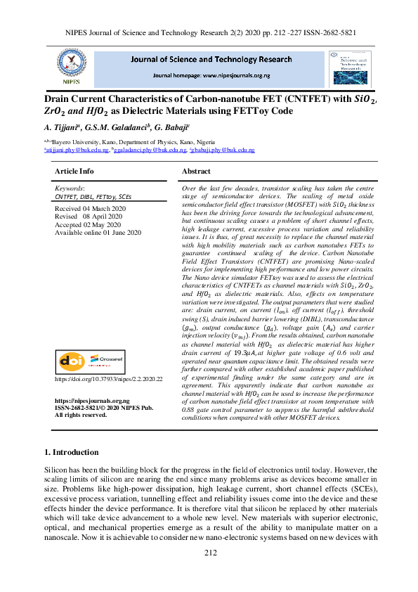 (PDF) Drain Current Characteristics of Carbon-nanotube FET (CNTFET) with 𝑺𝒊𝑶𝟐,Zr𝑶𝟐 and Hf𝑶𝟐 as ...