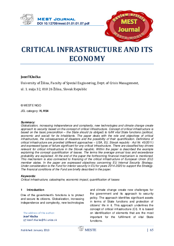(PDF) Critical Infrastructure and Its Economy