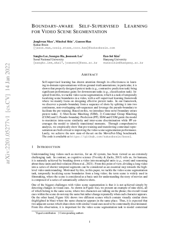 (PDF) Boundary-aware Self-supervised Learning for Video Scene Segmentation | Joonseok Lee ...