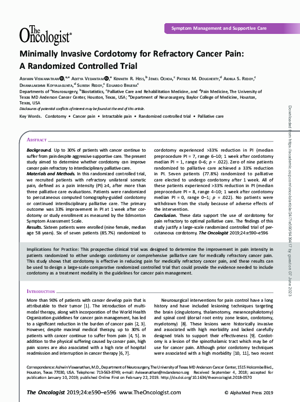 (PDF) Minimally Invasive Cordotomy for Refractory Cancer Pain: A ...