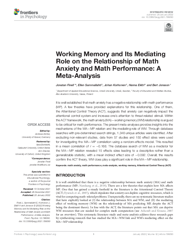 (PDF) Working Memory and Its Mediating Role on the Relationship of Math Anxiety and Math ...