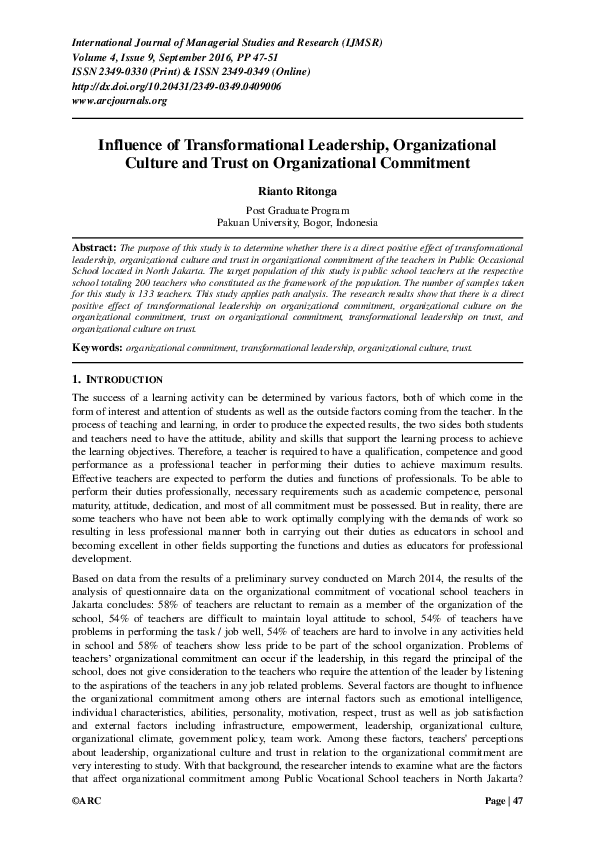 (PDF) Influence of Transformational Leadership, Organizational Culture and Trust on ...
