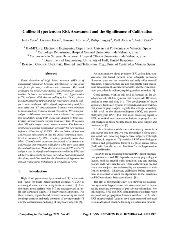 (PDF) Cuffless Hypertension Risk Assessment and the Significance of Calibration