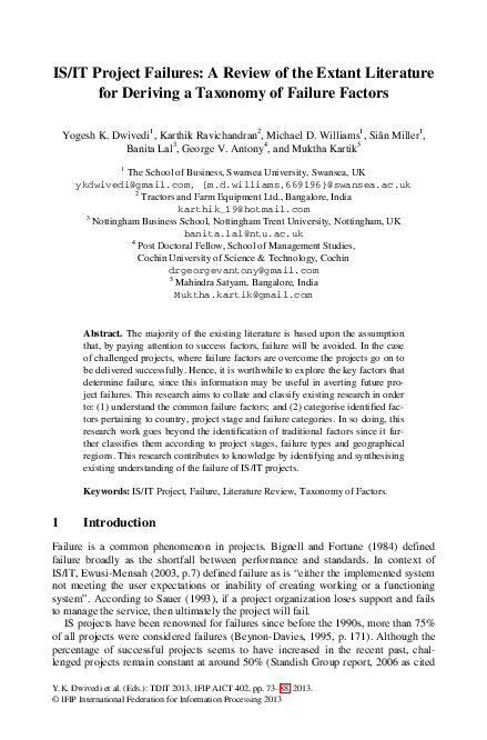(PDF) IS/IT Project Failures: A Review of the Extant Literature for Deriving a Taxonomy of ...