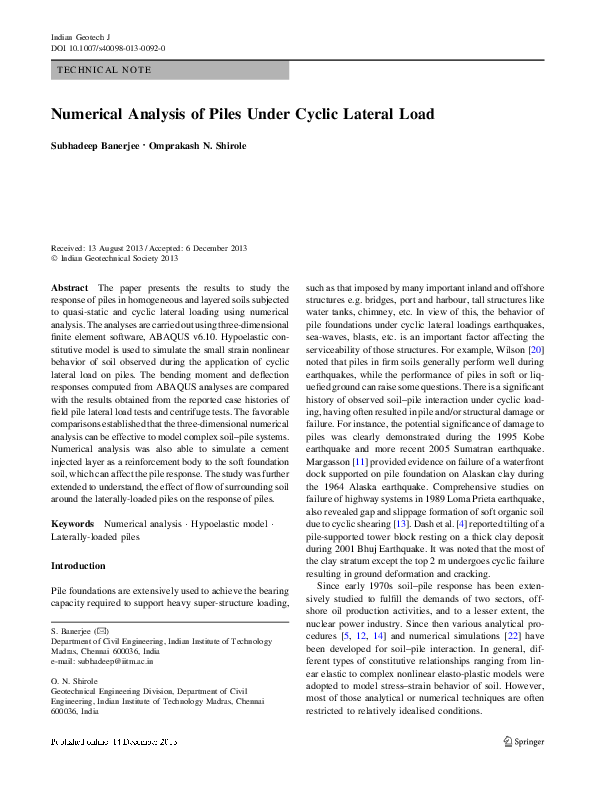 Pdf Numerical Analysis Of Piles Under Cyclic Lateral Load