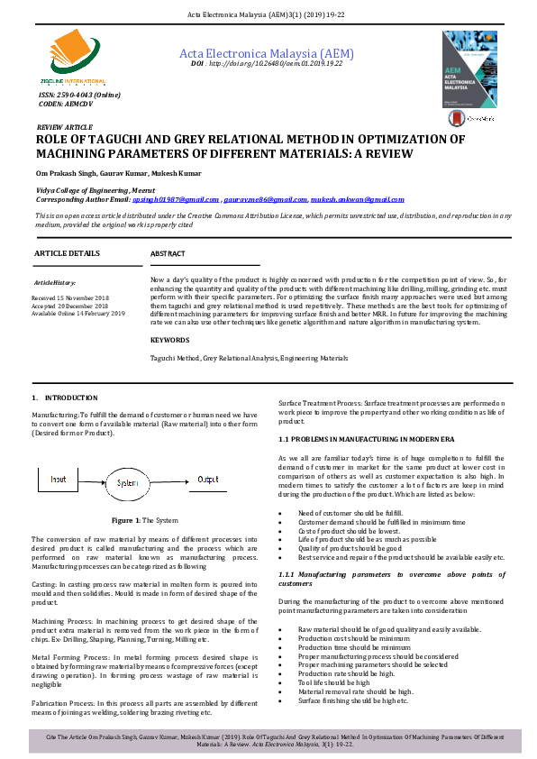 (PDF) Role of Taguchi and Grey Relational Method in Optimization of Machining Parameters of ...