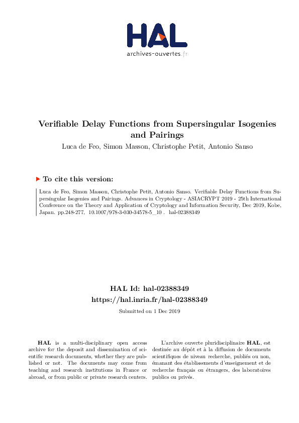 (PDF) Verifiable Delay Functions from Supersingular Isogenies and Pairings