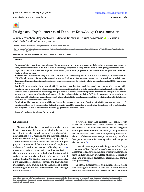 (PDF) Design and Psychometrics of Diabetes Knowledge Questionnaire