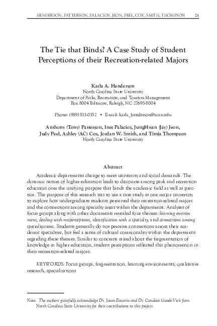 (PDF) The Tie that Binds? A Case Study of Student Perceptions of their Recreation-related Majors