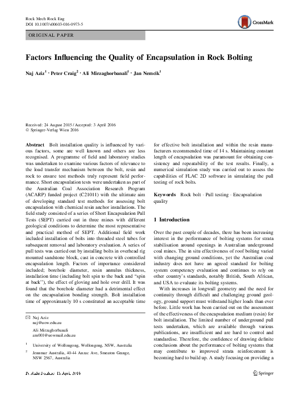 (PDF) Factors Influencing the Quality of Encapsulation in Rock Bolting