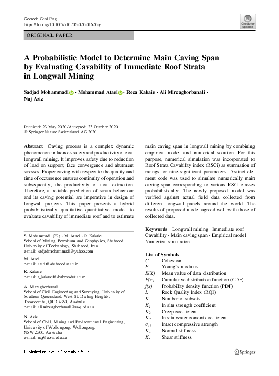 (PDF) A Probabilistic Model to Determine Main Caving Span by Evaluating Cavability of Immediate ...