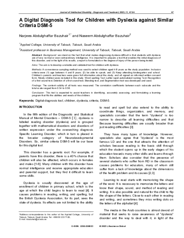 (PDF) A Digital Diagnosis Tool for Children with Dyslexia against ...