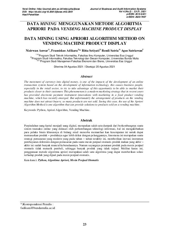 Pdf Data Mining Menggunakan Metode Algoritma Apriori Pada Vending Machine Product Display