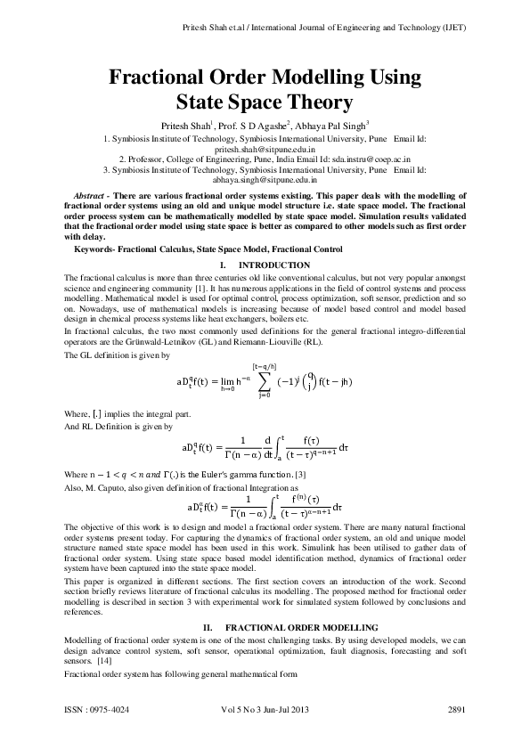 (PDF) Fractional Order Modelling Using State Space Theory