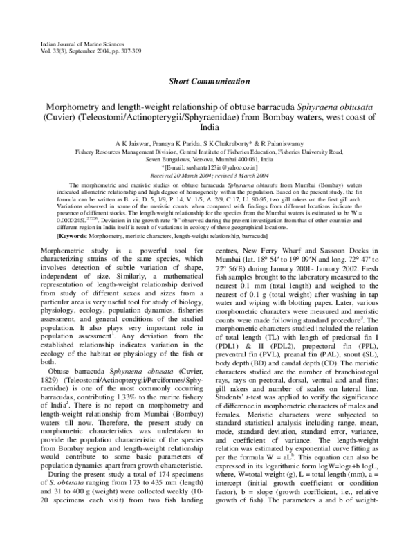 (PDF) Morphometry and length-weight relationship of obtuse barracuda ...