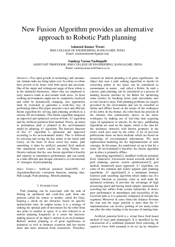 (PDF) New Fusion Algorithm Provides an Alternative Approach to Robotic Path Planning