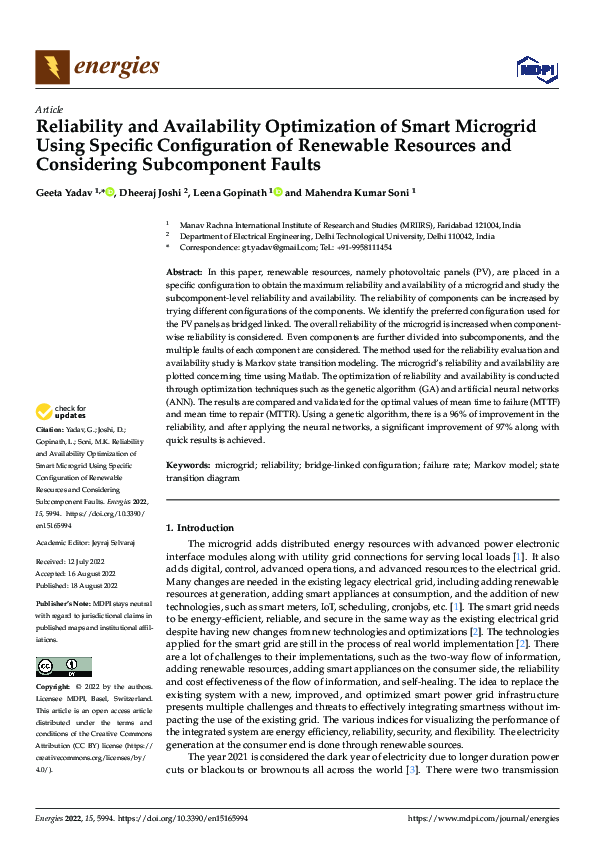 Pdf Reliability And Availability Optimization Of Smart Microgrid Using Specific Configuration