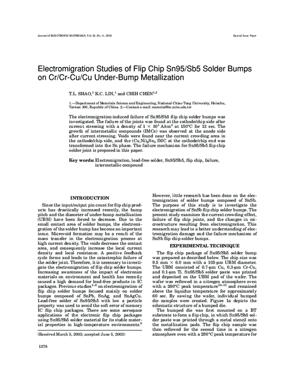 (PDF) Electromigration studies of flip chip Sn95/Sb5 solder bumps on Cr ...
