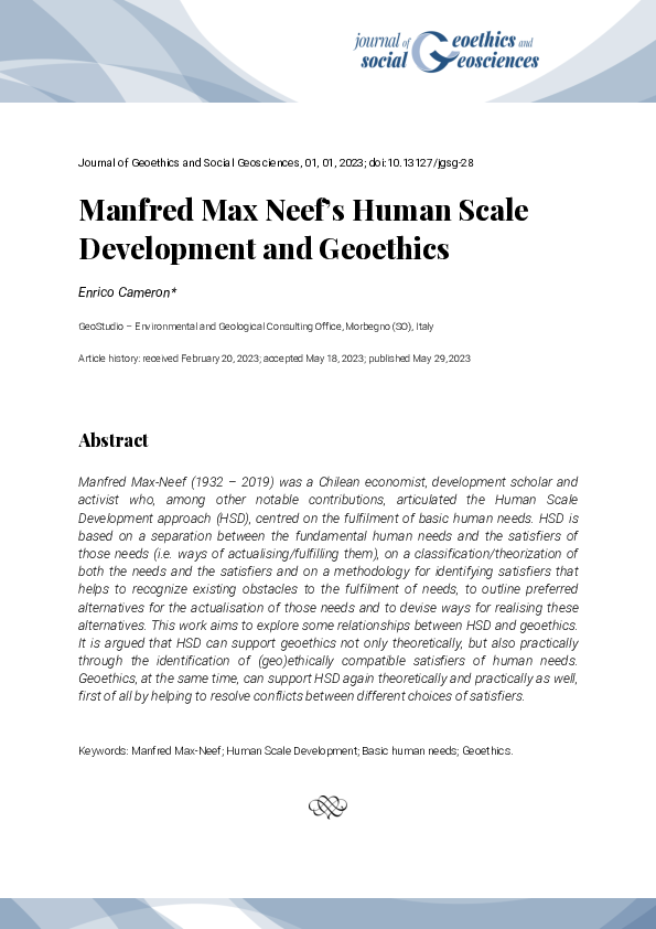 (PDF) Manfred Max Neef's Human Scale Development and Geoethics