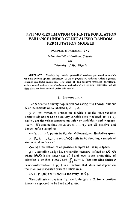 Pdf Optimum Estimation Of Finite Population Variance Under Generalised Random Permutation Models
