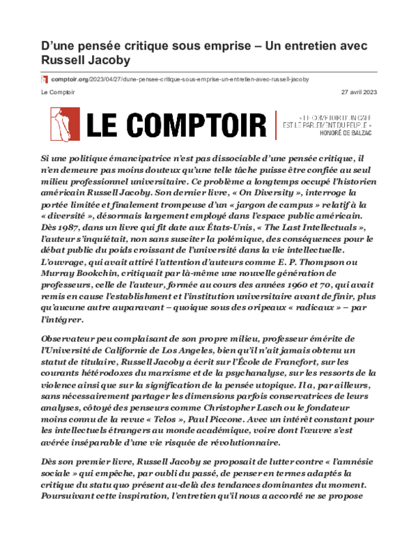 (PDF) D'une pensée critique sous emprise -Un entretien avec