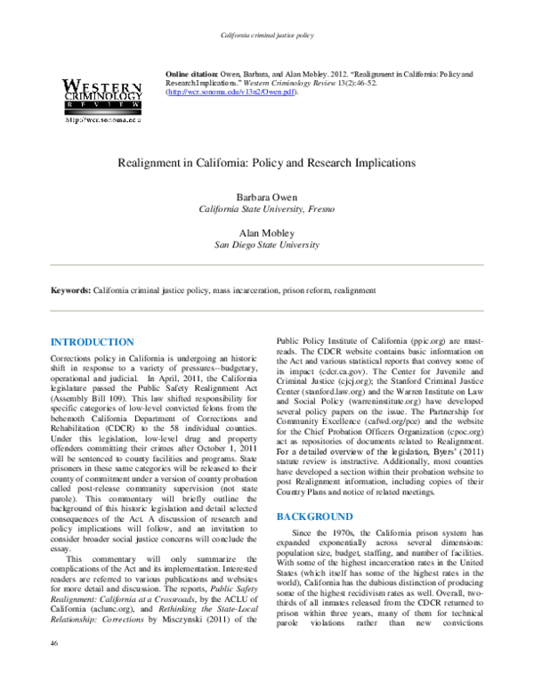 (PDF) Realignment in California: Policy and Research Implications