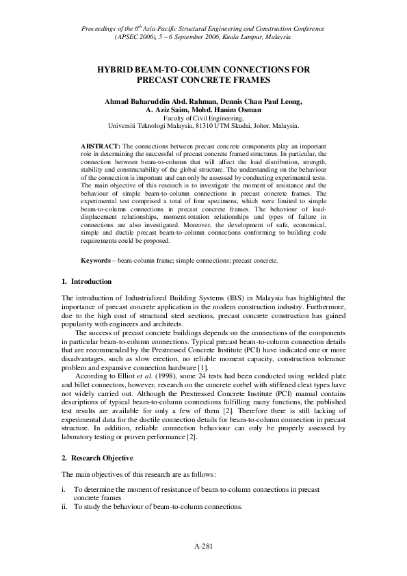 (PDF) Hybrid beam-to-column connections for precast concrete frames