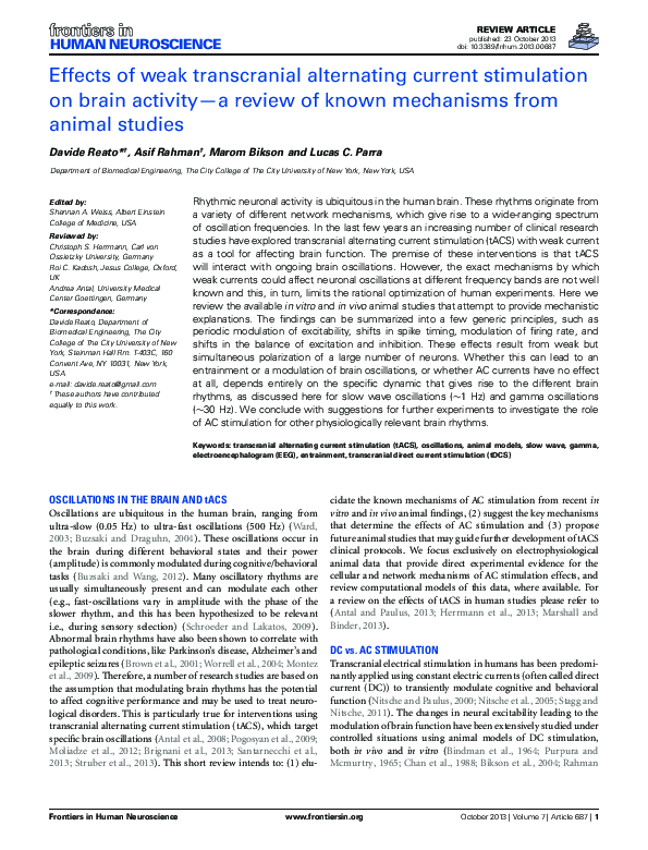 Pdf Effects Of Weak Transcranial Alternating Current Stimulation On
