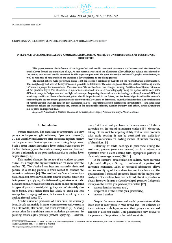 (PDF) Influence of Aluminium Alloy Anodizing and Casting Methods on Structure and Functional ...