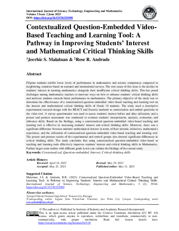 (PDF) Contextualized Question-Embedded Video-Based Teaching and Learning Tool: A Pathway in ...
