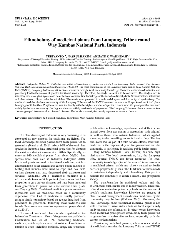 (PDF) Ethnobotany of medicinal plants from Lampung Tribe around Way ...