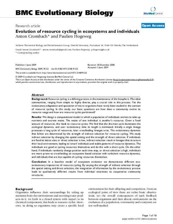 (PDF) Evolution of resource cycling in ecosystems and individuals