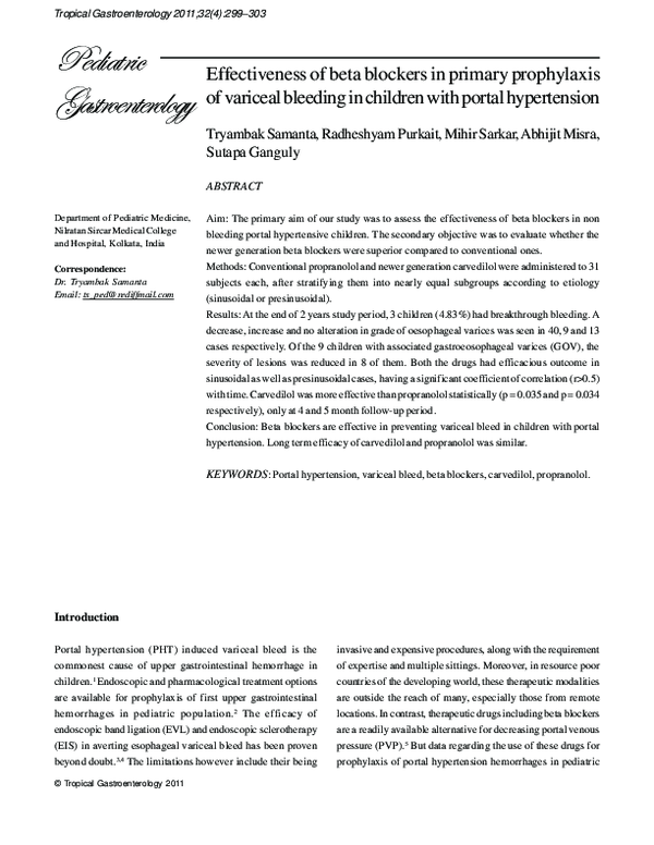 (PDF) Effectiveness of beta blockers in primary prophylaxis of variceal ...