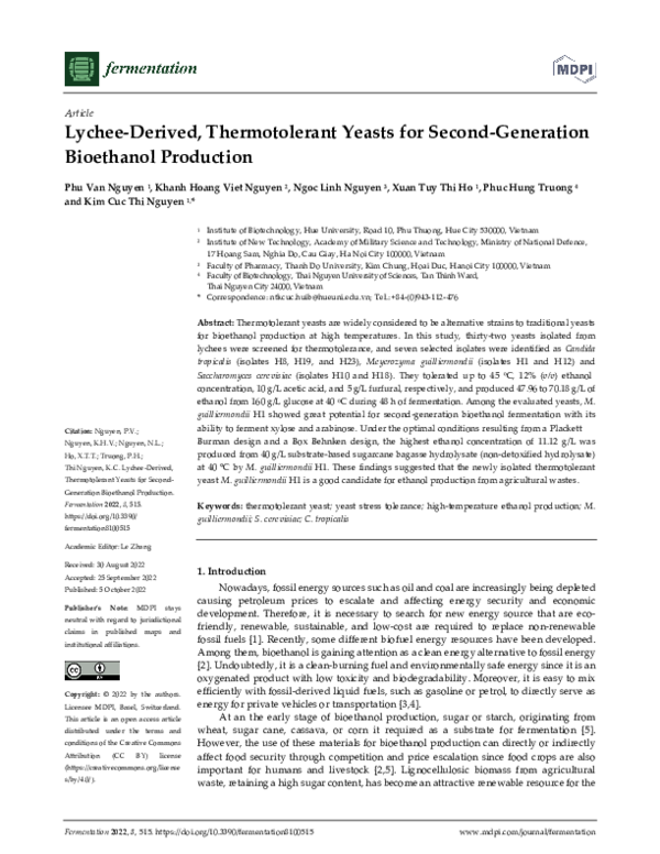 (PDF) Lychee-Derived, Thermotolerant Yeasts for Second-Generation Bioethanol Production