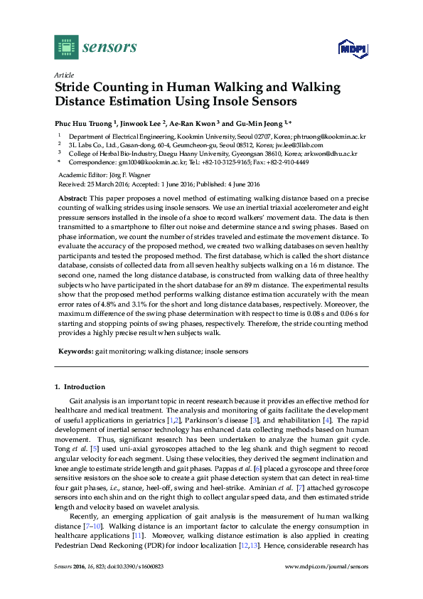 Pdf Stride Counting In Human Walking And Walking Distance Estimation Using Insole Sensors