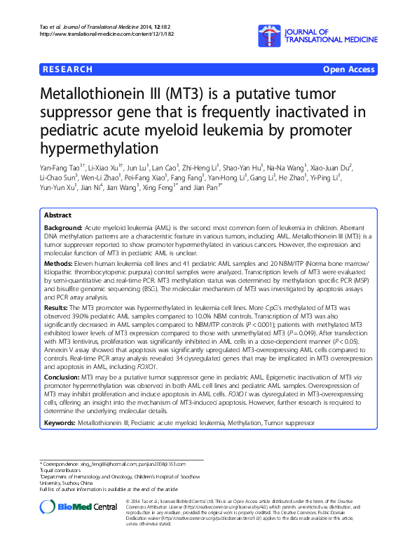 (PDF) Metallothionein III (MT3) is a putative tumor suppressor gene ...