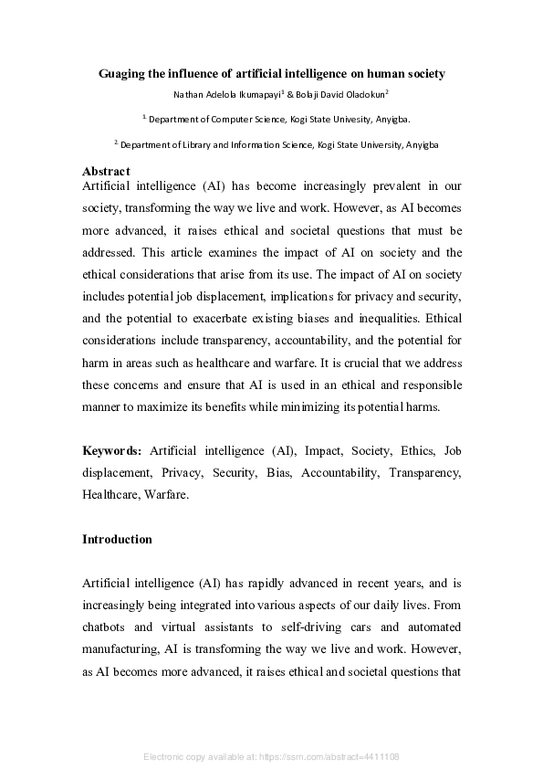 (PDF) Guaging the influence of artificial intelligence on human society