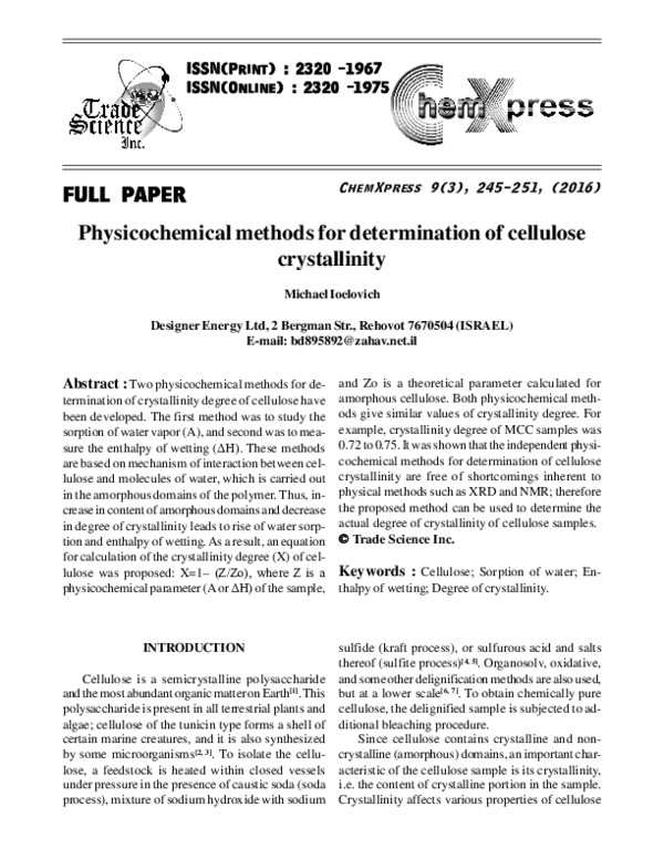 (PDF) Physicochemical methods for determination of cellulose crystallinity