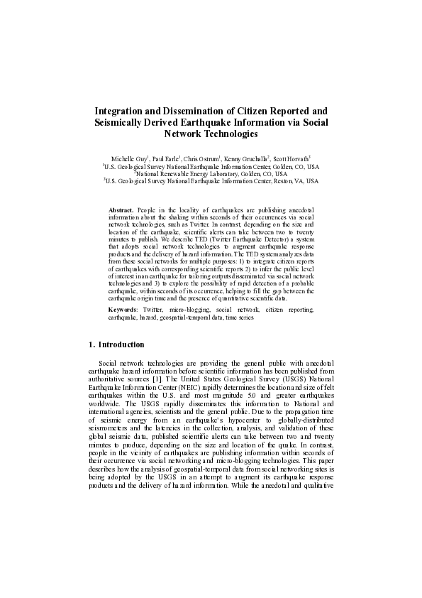 (PDF) Integration and Dissemination of Citizen Reported and Seismically Derived Earthquake ...