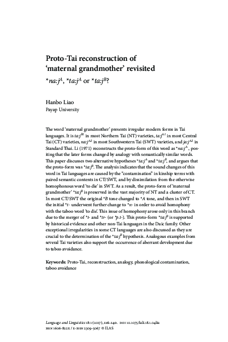 (PDF) Proto‑Tai reconstruction of ‘maternal grandmother’ revisited