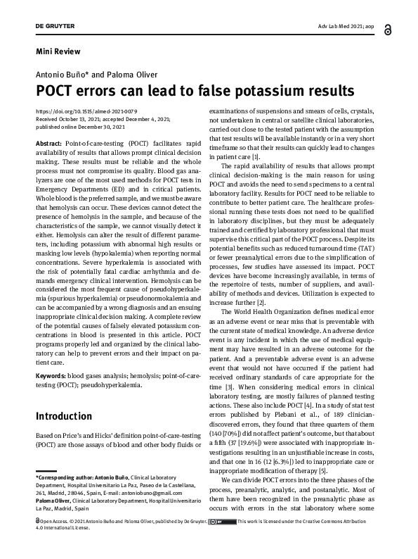 (PDF) POCT errors can lead to false potassium results